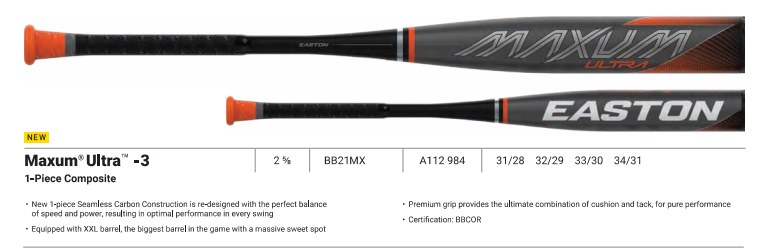 New 2021 Easton “MAXUM ULTRA” BBCOR Baseball Bat 31″/28oz – BB Grandslam